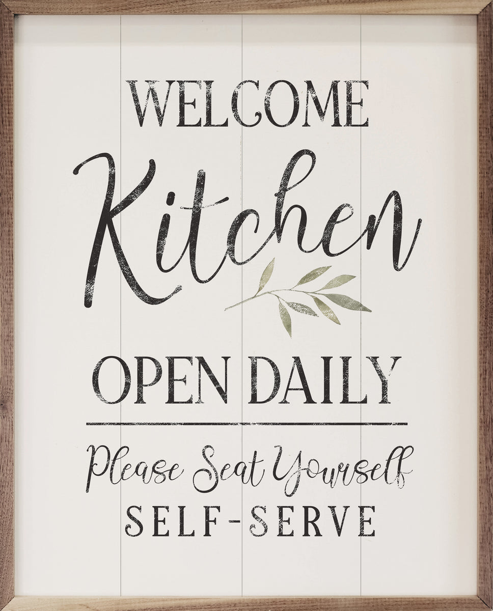 Welcome Kitchen Open Daily Greenery Whitewash – Kendrick Home